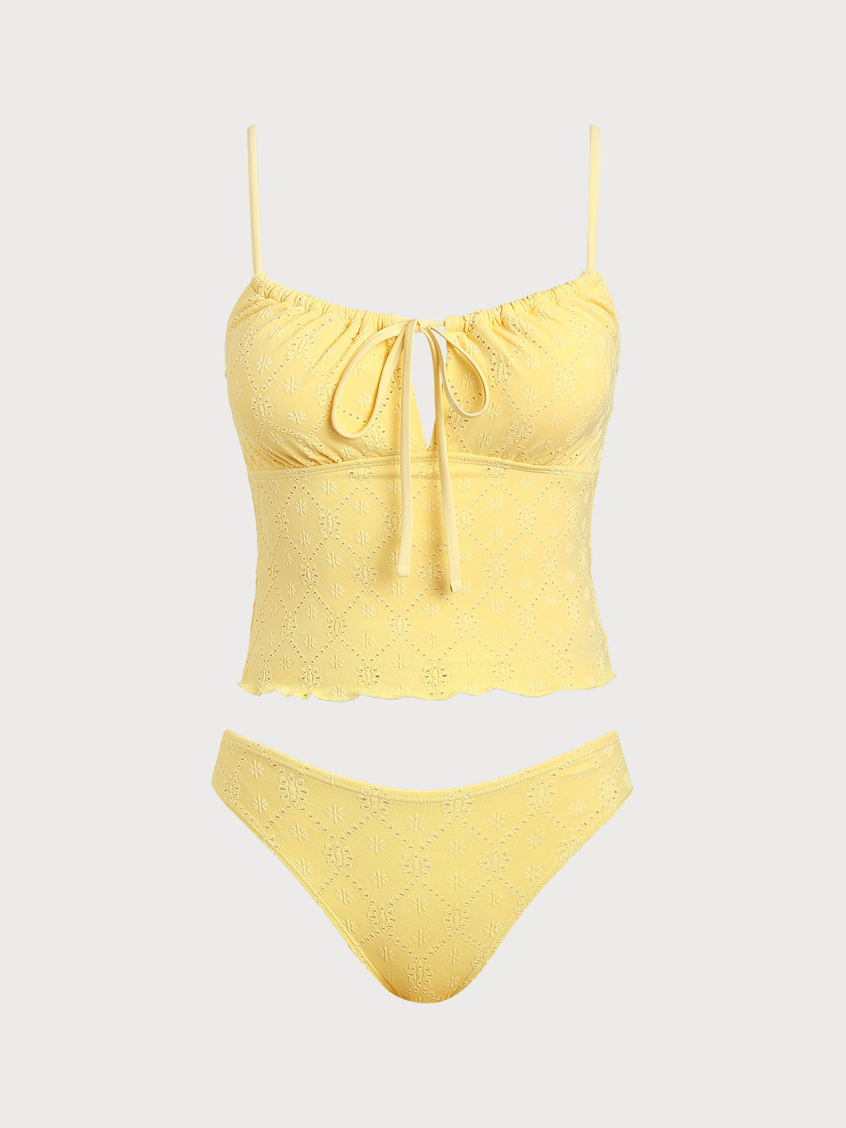 Yellow Wave Cut Tie Front Tankini Swimsuit & Reviews - Yellow ...