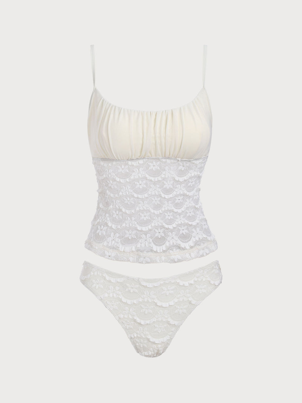 Women's Off White Ruched Hollow Mesh Flower Tankini Swimsuit & Reviews ...