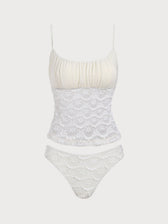 Women's Off White Ruched Hollow Mesh Flower Tankini Swimsuit & Reviews ...