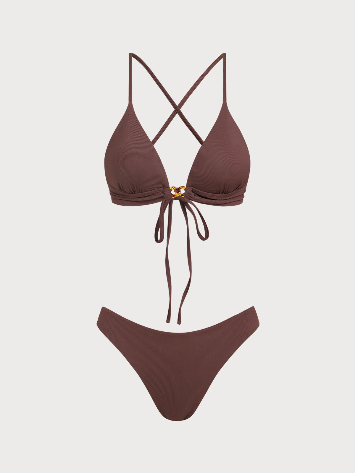 Brown Ribbed Chain Decorated Bikini Set & Reviews - Brown - Bikinis ...
