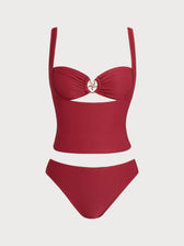 Red Decorative Metallic Thread Tankini Swimsuit & Reviews - Red ...