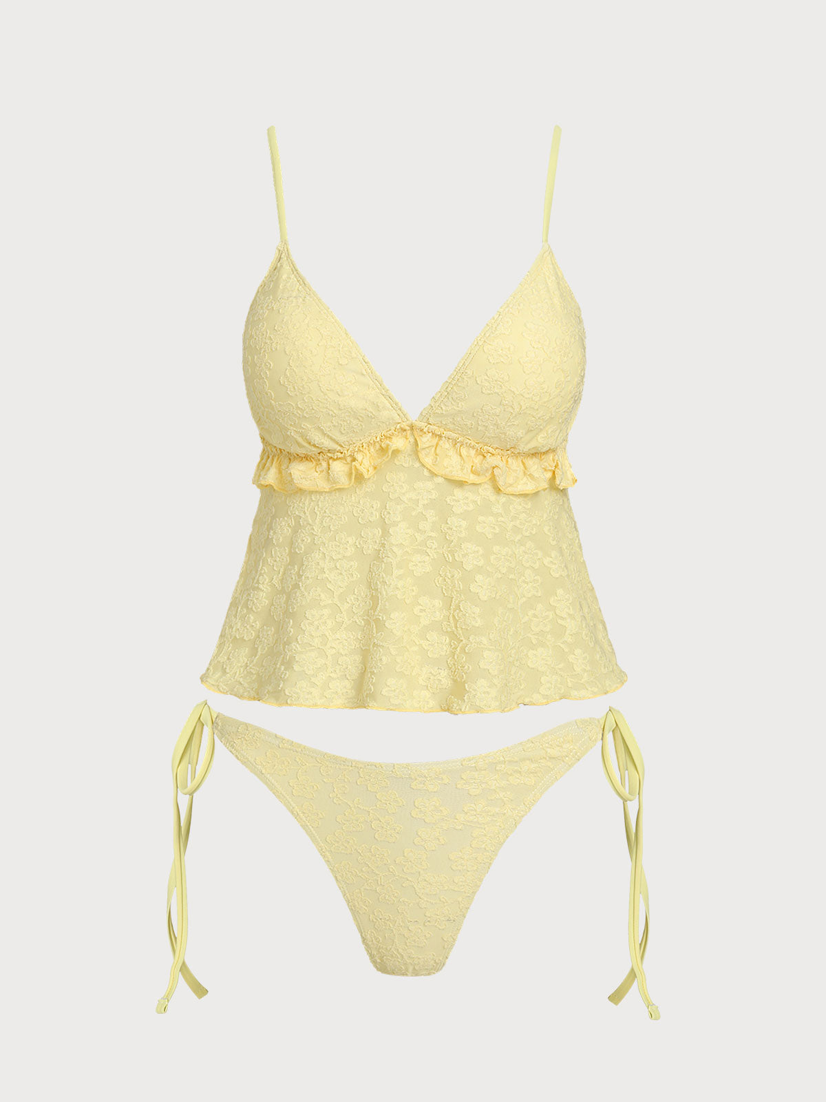 Yellow Polyester Knitted Jacquard Ruffle Tankini Swimsuit & Reviews ...