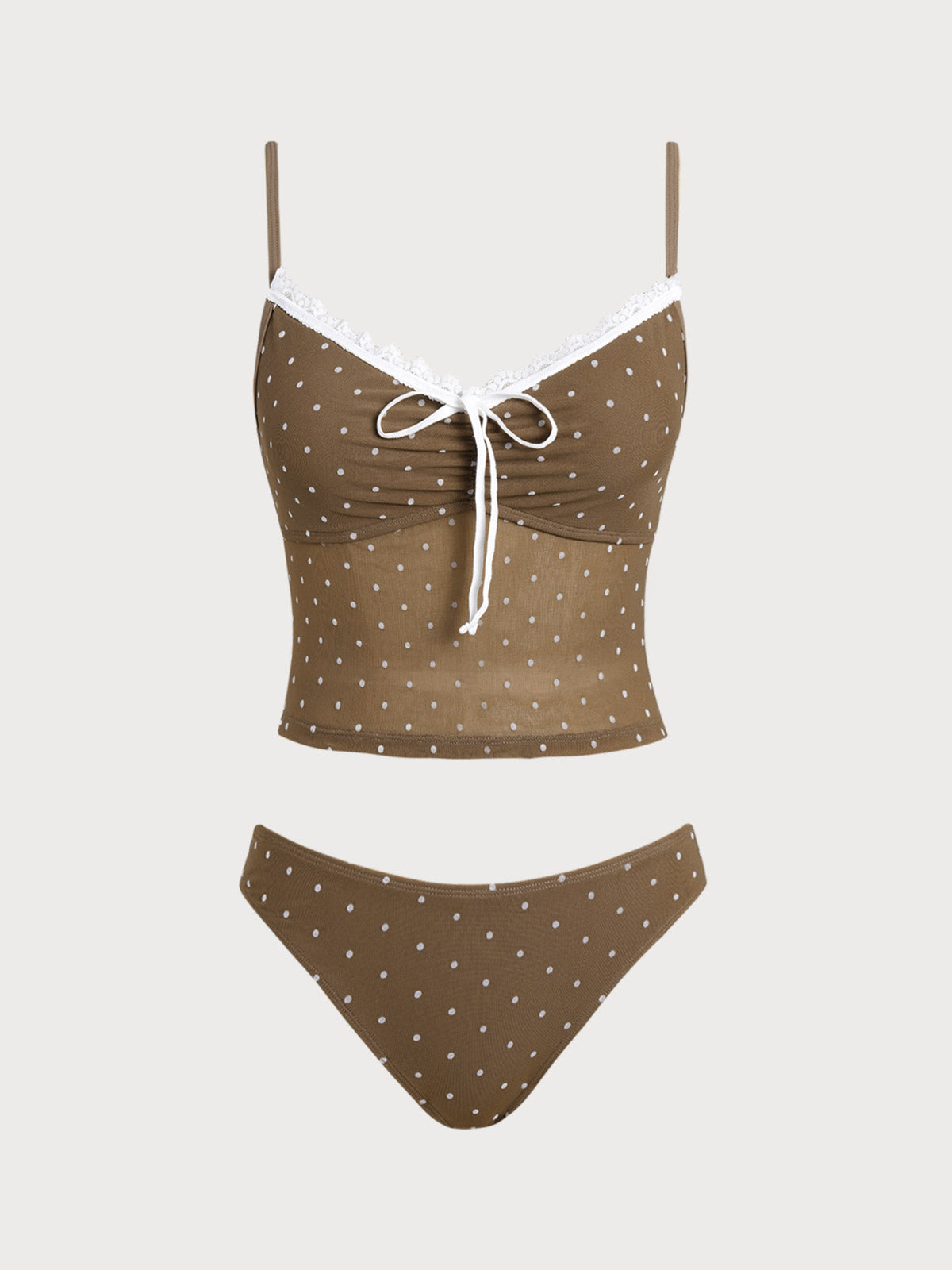 Coffee Contrast Polka Dot Mesh Tankini Swimsuit & Reviews - Coffee ...
